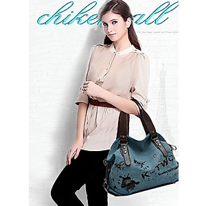 Chikencall Women Ladies Bags Casual Vintage Hobo Canvas Mulit-Pocket Daily Purse Messenger Top Handle Shoulder Large Tote Shopper Handbag Shopping Graffiti European Style Bags-Blue