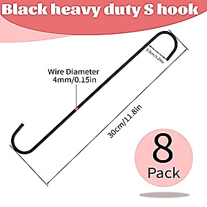 Bercoor 8 Pack 11.8 inch Extra Large S Hooks Black Heavy Duty Plant Hanging Hooks Long S Shaped Extension Hooks for Kitchenware, Pots, Utensils, Plants, Wardrobe, Gardening Tools, Clothes