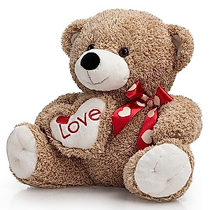 WENMOTDY Stuffed Animals Plush Toy Teddy Bear with Love Pattern Red Bow Gift for Kids Baby Lover Birthday Valentine's Day 12 Inch