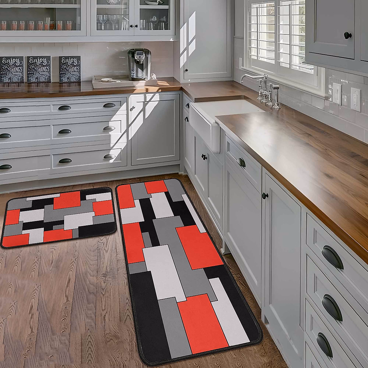 Kitchen Rugs Set of 2- Red, Black, and Grey Modern Geometric Non-Slip Washable Floor Mats - Comfort Sink and Laundry Room Runner - Contemporary Abstract Art Design Decor 17x47.2 and 17x30 inches