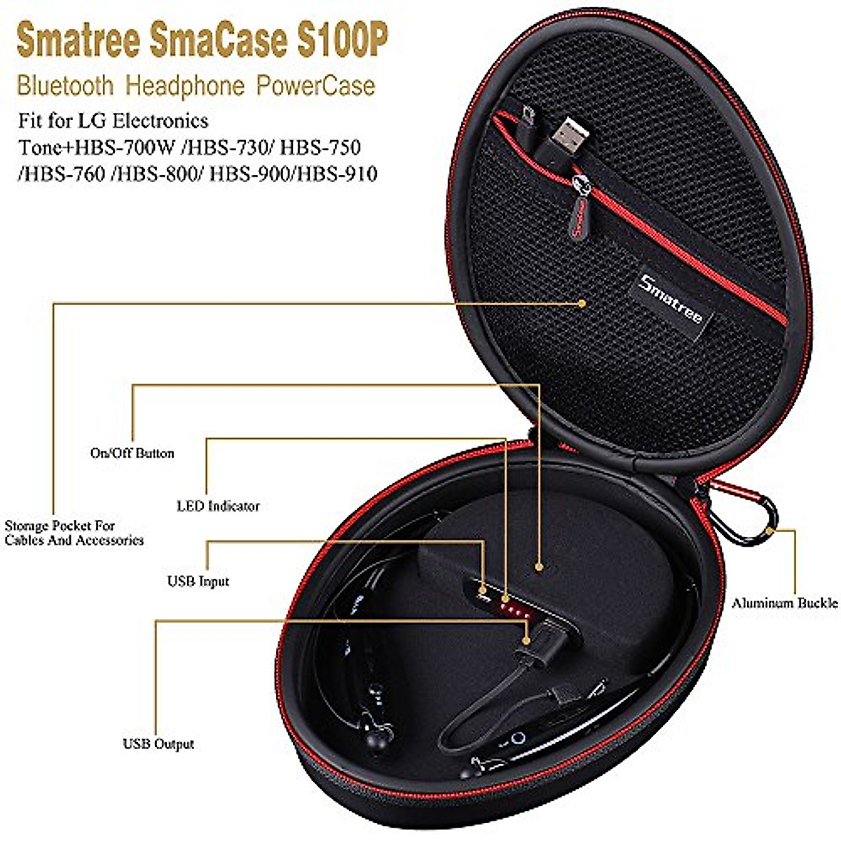 Smatree Charging Case Compatible with LG Tone HBS-900 / HBS-760 / HBS-910 / HBS-750 / HBS-800 / HBS-1100 / HBS-730/HBS 920/HBS 930 Stereo Headset (Headphone NOT Included)