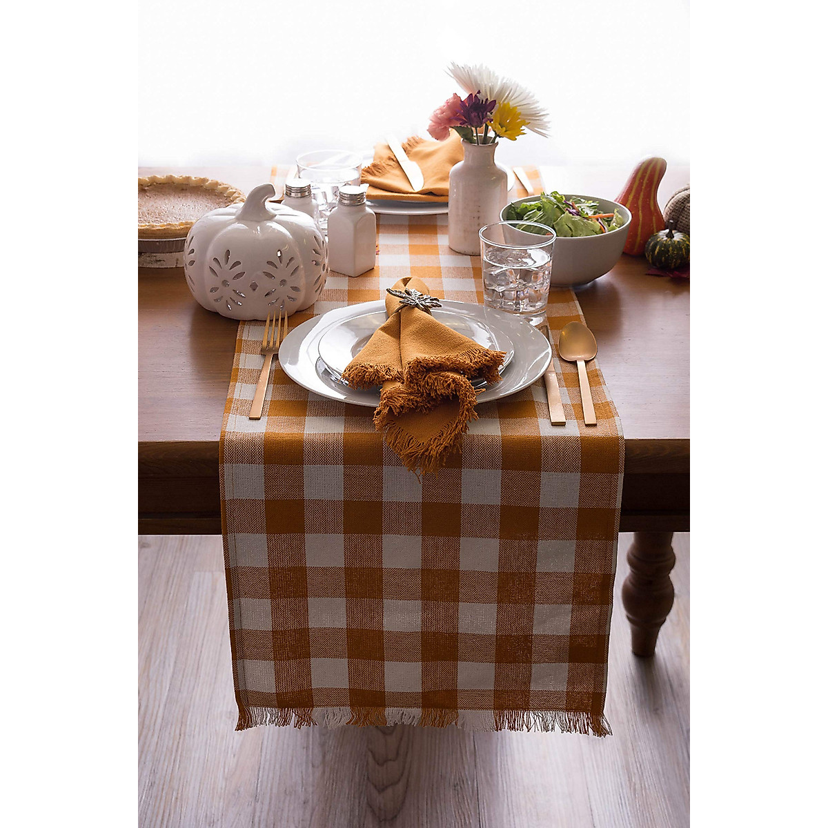 DII Heavyweight Fringed Check Tabletop Collection, Table Runner, 14x108, Pumpkin Spice