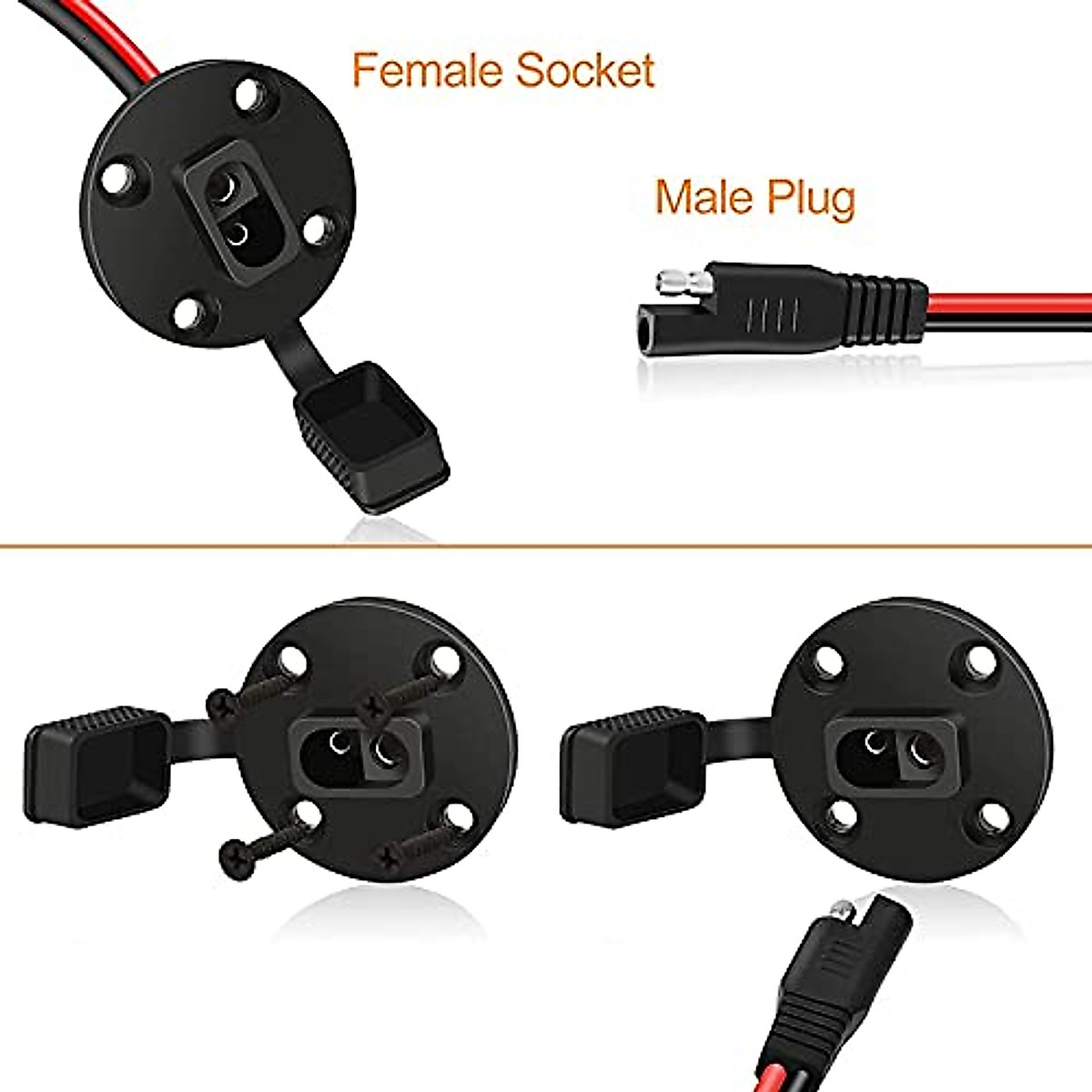 2 Pack SAE Power Socket Sidewall Port, Weatherproof SAE Quick Connector Harness, SAE Adapter Male Plug to Female Socket Cable 12AWG SAE Cable with 8 Screws for Solar Generator Battery Charger