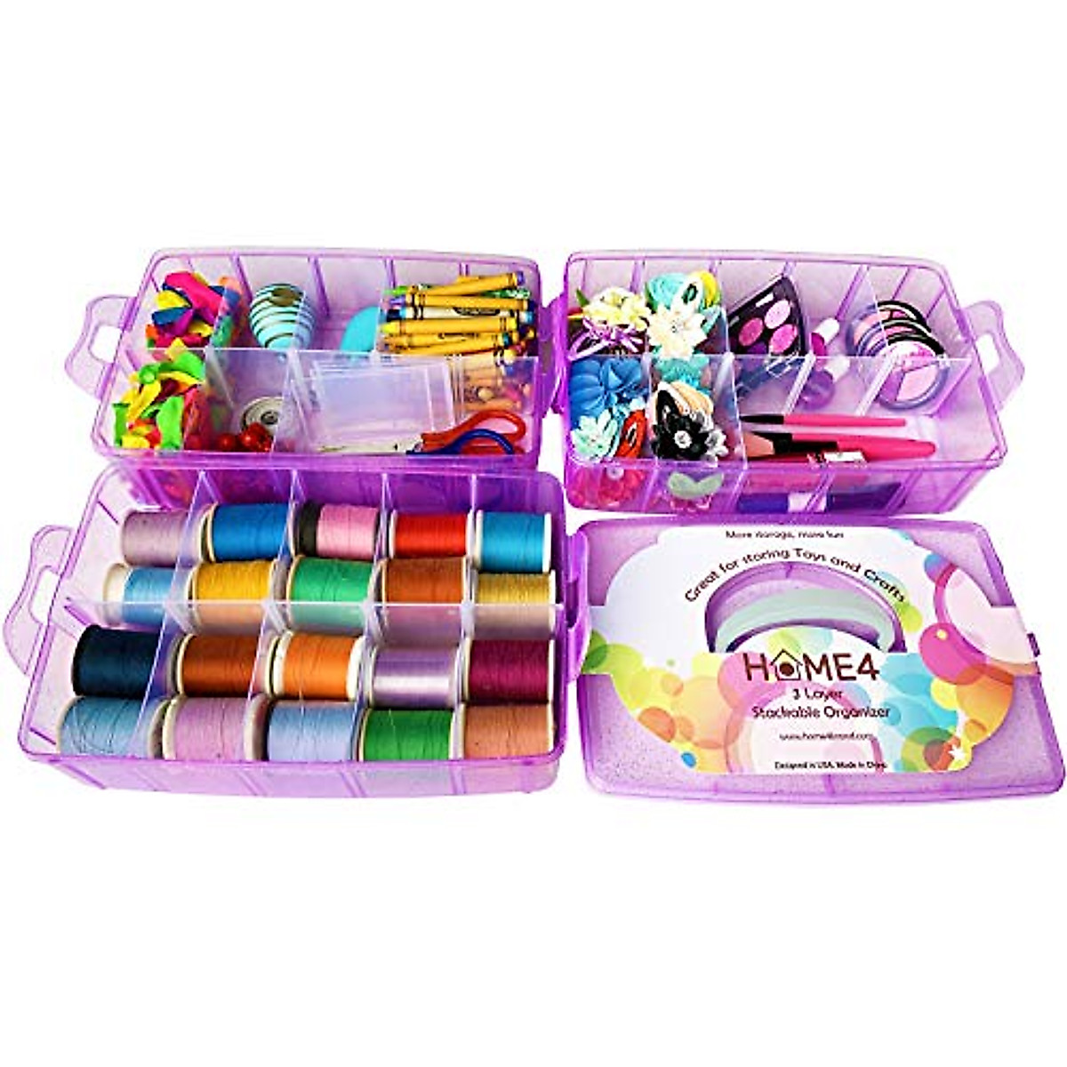 HOME4 Glitter Purple Arts & Craft Case Storage Box 30 Adjustable Compartments Dividers, Jewelry Keeper, Bead Organizer, Tools, Sewing, Thread, Hair Accessories Holder Display Container