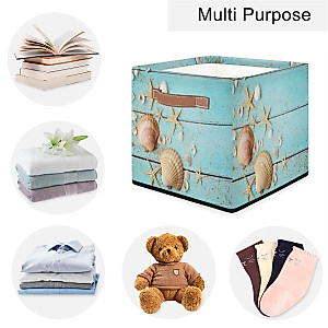 Summer Seashells Cube Storage Baskets Fabric Seashells Border on Sand Storage Bins Boxes Collapsible Organizer Bin with Handles for Shelves,Toys, Towels, Closet,Shelf Basket