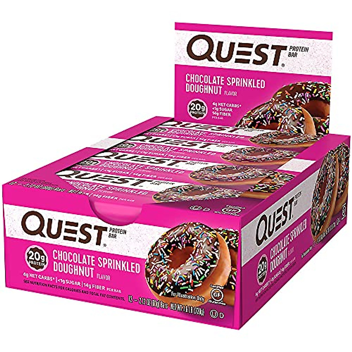 Quest Nutrition Chocolate Sprinkled Doughnut Protein Bars, High Protein, Low Carb, Gluten Free, Keto Friendly, 12 Count