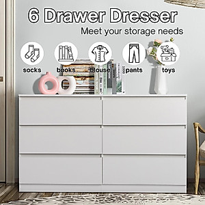Karl home 6 Drawer Dresser, White Dresser Double Dresser Chest of Drawers, Wood Dressers for Bedroom with Cut-Out Handles, Long Bedroom Dresser with Deep Drawers, Living Room, Office, 55 Inch