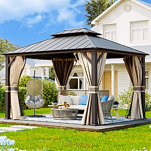 UDPATIO 10' x 12' Hardtop Gazebo, Outdoor Aluminum Gazebo with Galvanized Steel Double Roof, Permanent Metal Canopy with Curtains and Netting for Patio, Garden, Lawn, Backyard, Deck, Beige