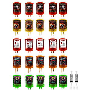 20Packs Halloween Blood Bag for Drinks: 5Design Reusable Drink Pouches Containers Shot and Clips Pouch Prop for Vampire Zombie Hospital Theme Party Supplies