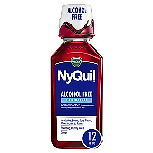 Vicks NyQuil ALCOHOL FREE Cold & Flu Relief Liquid Medicine, Powerful Multi-Symptom Nighttime Relief For Headache, Fever, Sore Throat, Sneezing, Runny Nose And Cough, Berry Flavor, 12 FL OZ