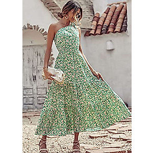 PRETTYGARDEN Women's Floral Maxi Dress 2023 Knot One Shoulder Sleeveless Ruffle Hem Flowy Boho Dresses(Green White,Large)