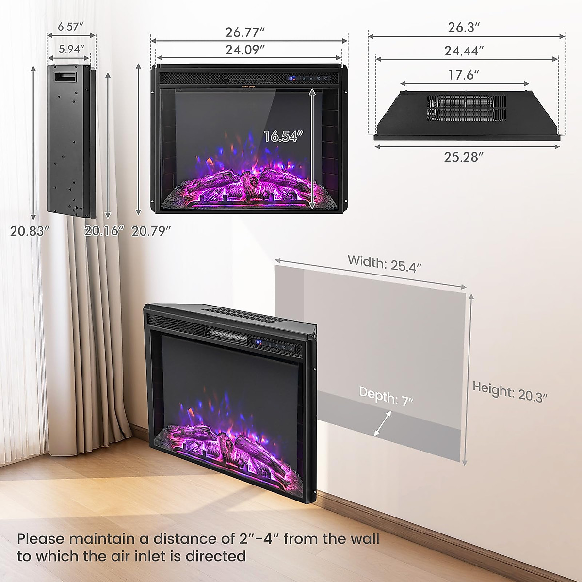 COSTWAY Electric Fireplace Insert 26-inch Wide, 5,000 BTU Recessed and Freestanding Fireplace Heater with Remote Control, 3 Flame Colors, 6 Brightness, 6H Timer, Fireplace for Indoor Use, 750/1500W