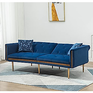 HBHM Velvet Sofa Accent Sofa, Mid Century Modern Loveseat Velvet Fabric Couch, Convertible Futon Sofa Bed, Recliner Couch Accent Sofa Loveseat Sofa with Gold Metal Feet,Blue
