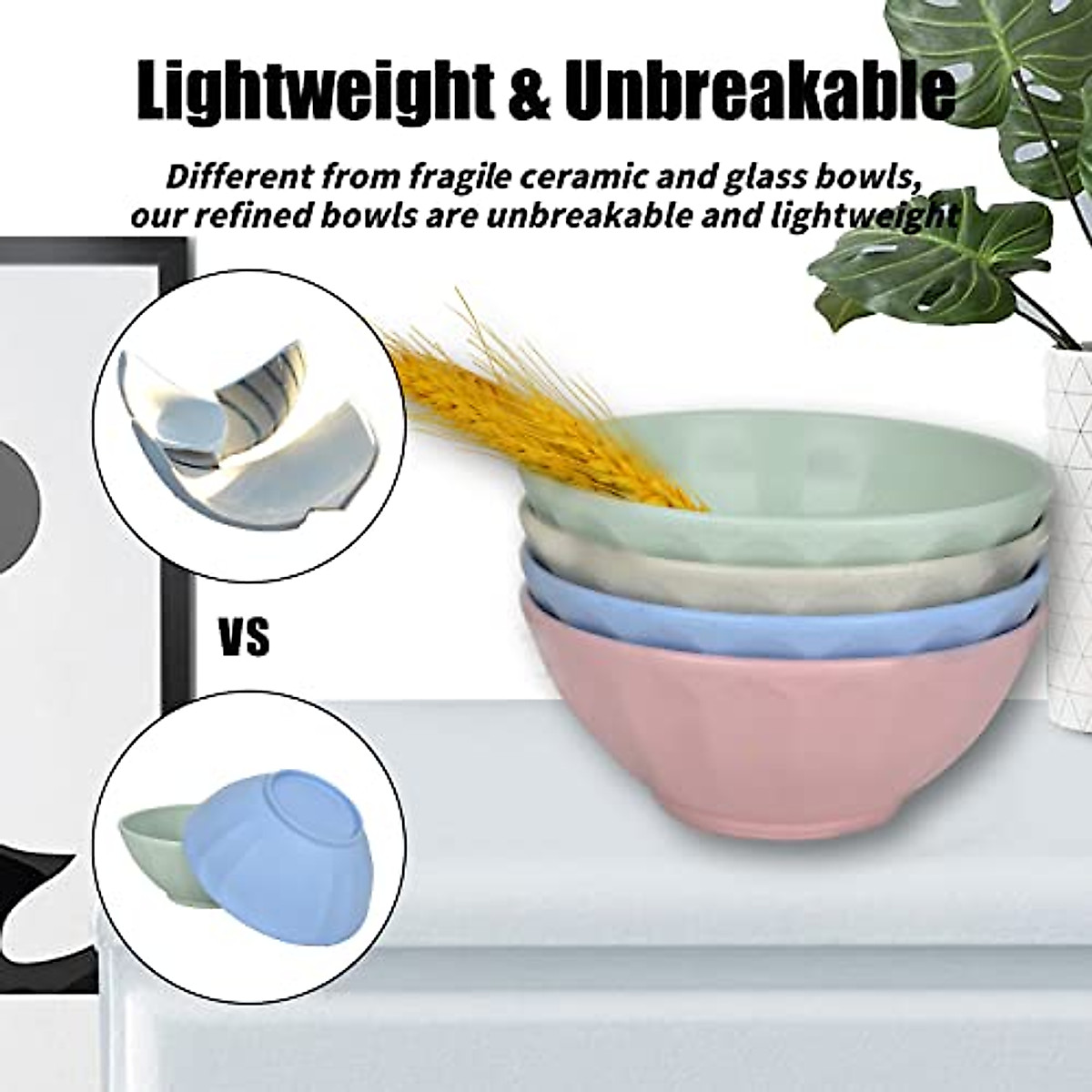 JSYMJSY Unbreakable Bowl Set, 26oz Wheat Straw Cereal Bowl, Large Plastic Bowl Reusable for Soup Noodle Salad, Lightweight for Kitchen Camping Picnic RV, Dishwasher & Microwave Safe, 4color