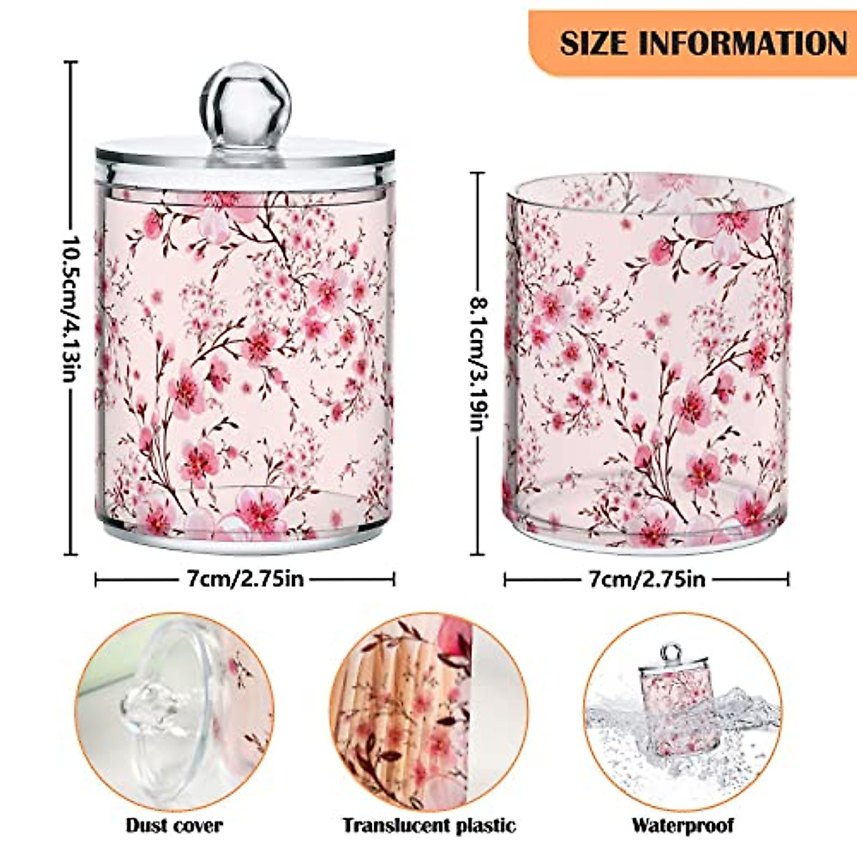 MNSRUU 2 Pack Qtip Holder Organizer Dispenser Pink Cherry Tree Bathroom Storage Canister Cotton Ball Holder Bathroom Containers for Cotton Swabs/Pads/Floss