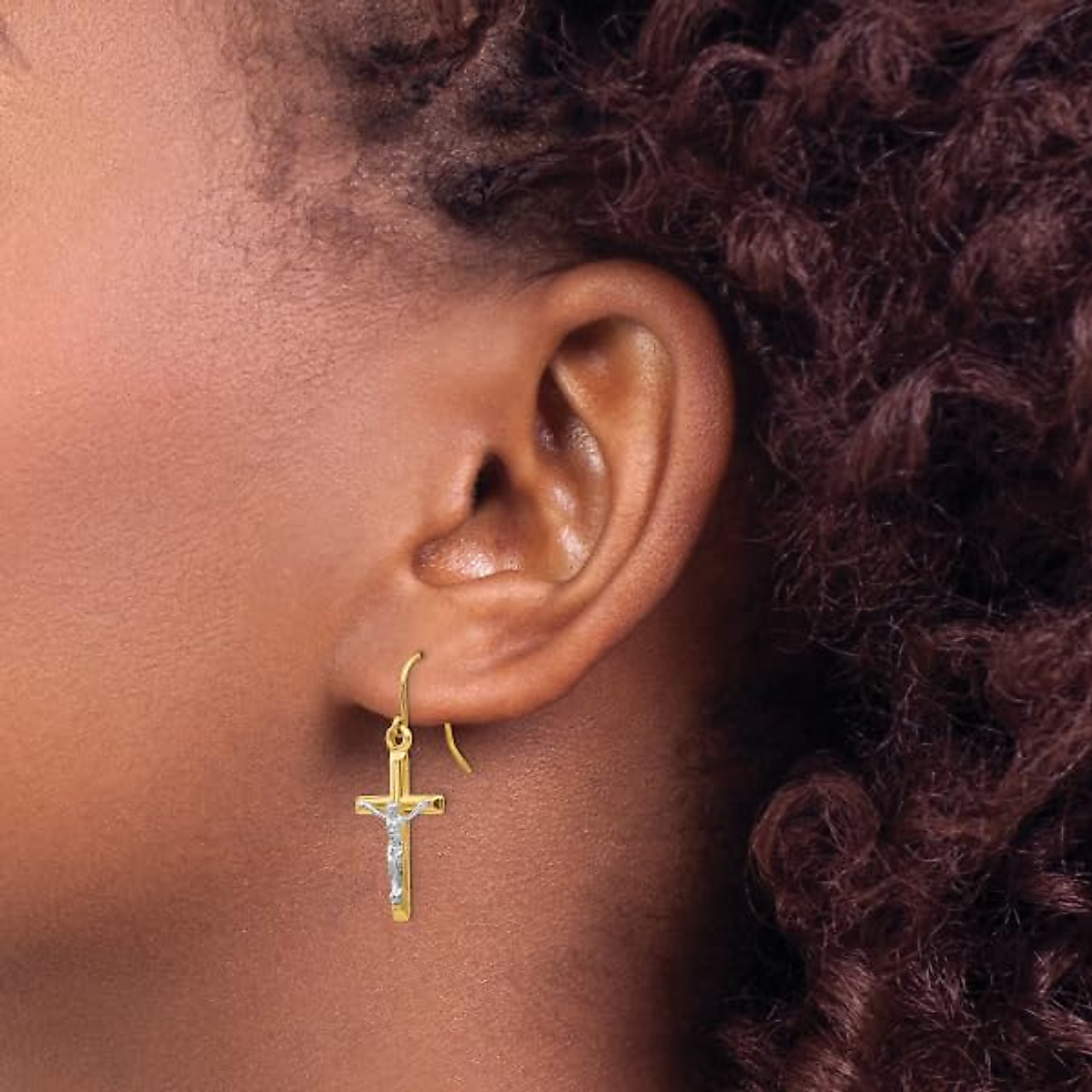 14K Two Tone Gold Lord Jesus Christ Crucifix Holy Hanging Cross Christian Religious Drop Dangle Earrings