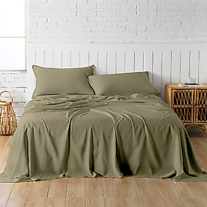 Olive Green Linen-Textured Bed Sheets Set, Bamboo Rayon , Cotton , Linen Blend Bed Sheets Full Size, Soft Cool & Breathable for Hot Sleepers,Durable Natural Organic Bed 15'' Deep Pocket - 4 Piece