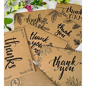150 Thank You Cards with Matching Brown Kraft Envelopes and Stickers - Elegant 10 Designs Kraft Paper Bulk Blank Notes, Prefolded 4x6 Inch Blank