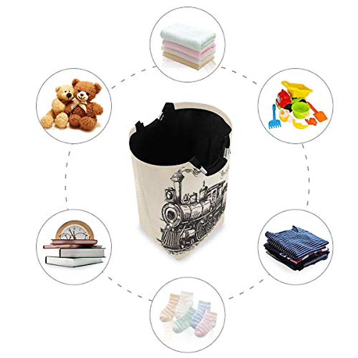 AUUXVA Laundry Basket Vintage Steam Locomotive Train Laundry Hamper with Handles Large Storage Clothes Toys Collapsible Laundry Bag for Bathroom Office Bedroom