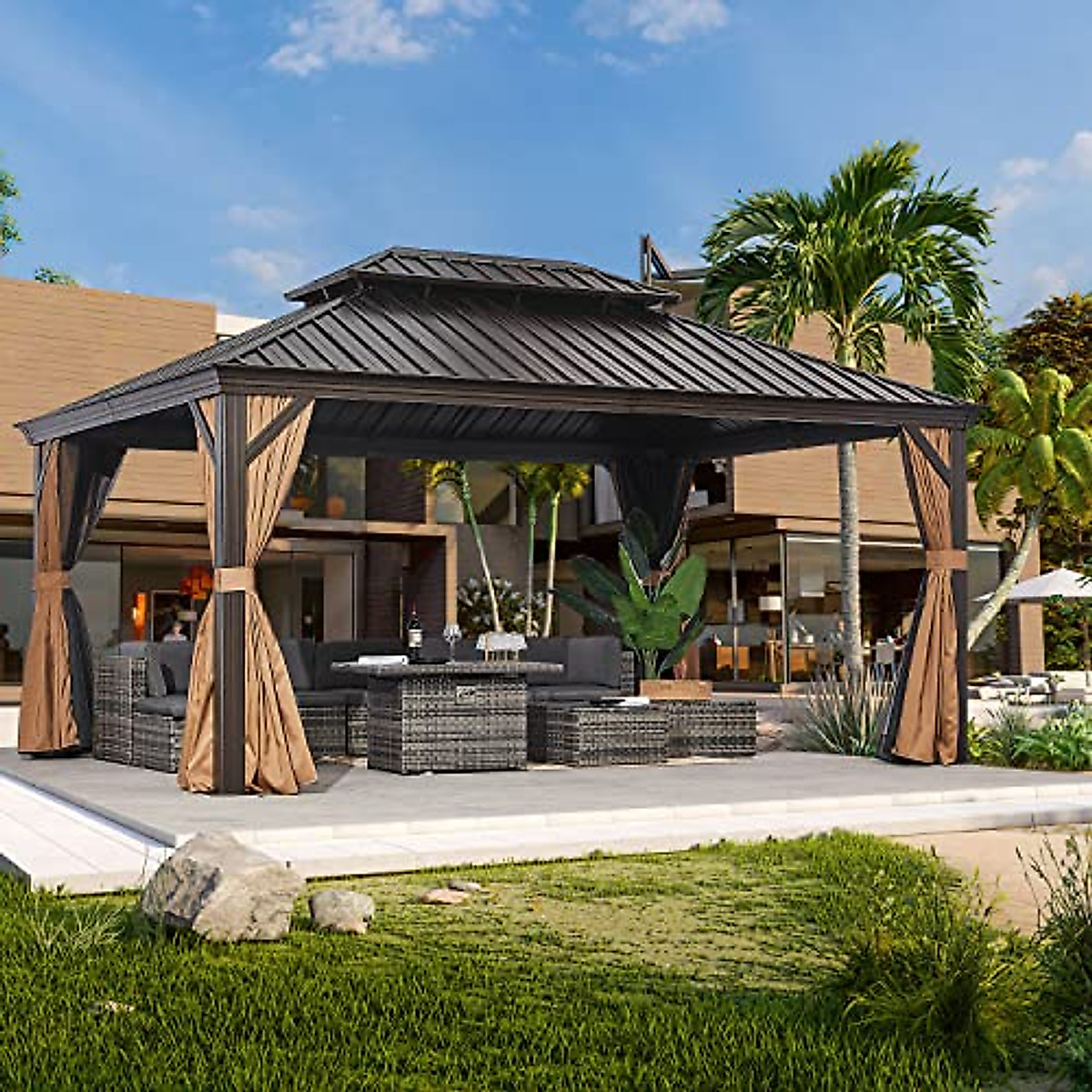 Binplax Outdoor Hardtop Gazebo Polycarbonate Double Roof Canopy Curtains Aluminum Frame with Netting for Garden, Patio (Metal Top, 12 * 16')