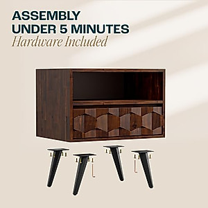 Bme Georgina Solid Wood Nightstand With 1 Drawer & Open Shelf- Fully Assembled Mid Century Modern Side Table - Geometric Pattern Bedside Dresser for Bedroom and Living Room