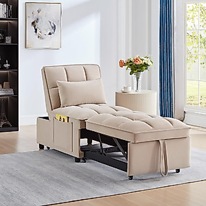 Ball & Cast 4 in 1 Convertible Sleeper Chair, Velvet Single Sofa Bed with Side Pockets,Pull Out Couch with Adjustable Backrest and Pillow, Multi-Function Chaise Lounge for Livingroom,Taupe