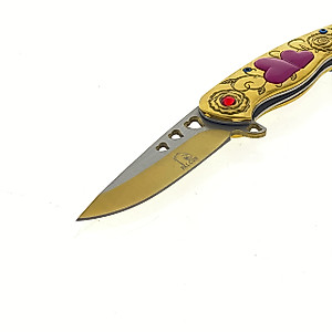 Falcon 7" Heart Rose Engraving Handle Cupid Heart Pocket Knife With LOVE Belt Clip 440 Stainless Steel Drop Point Blade