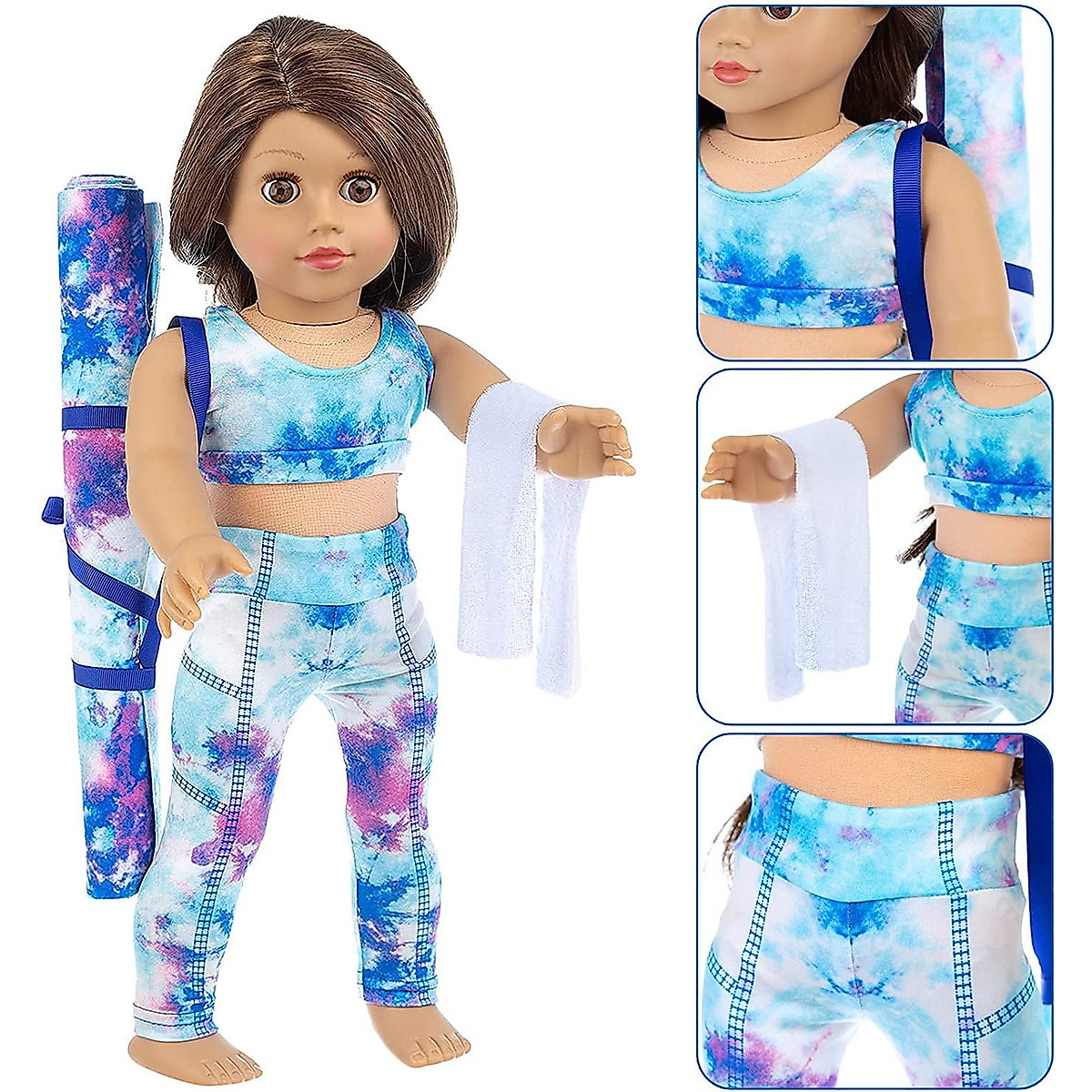 Ecore Fun 3 Items 18 Inch Doll Clothes Yoga Pilates Sports Clothes Gymnastics Yoga Exercise Outfit Sets includes Vest Suit, Yoga Mat and Towel