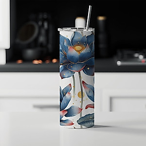 Medpol Blue Lotus tumbler with lid and straw 20 oz insulated tumbler cups Blue Lotus insulated travel coffee mugs for women cute sippy cups stainless insulated travel cups