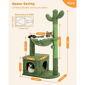 MUTTROS Cactus Cat Tree 40" Cat Tower with Large Metal Carpet Hammock, Cat Scratching Post for Indoor Cats with Condo& Dangling Ball, Green