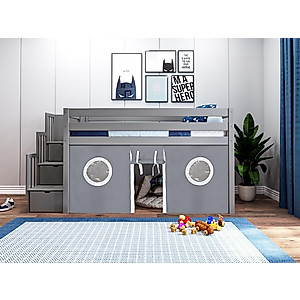 JACKPOT! Contemporary Low Loft Twin Bed with a 3 Drawer Stairway, Gray with Gray & White Tent