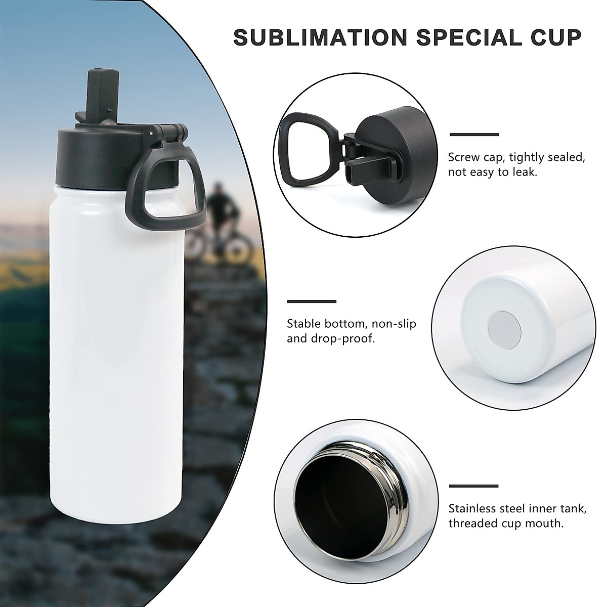 MAIKESUB 4 Pack Sublimation Blank Tumbler White Sports Water Bottles 18 OZ Wide Mouth Stainless Steel Vacuum Flask with Spout Lid for Tumbler Press Machine Sublimation Print