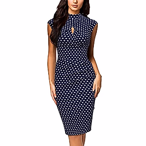 Miusol Women's Business Slim Style Ruffle Work Pencil Dress(X-Large, Navy Blue Polka Dot)