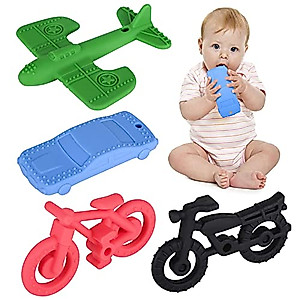 Fu Store 4-Pack Silicone Teething Toys for Infant Toddlers 3D Jet Plane Bike Car Shape Teethers for Babies Boys Girls Chew Toys Relief Soothe Babies Gums Set BPA Free Dishwasher Refrigerator Safe