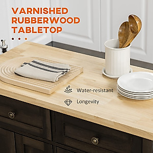 HOMCOM Kitchen Island on Wheels, Rolling Cart with Rubberwood Top, Spice Rack, Towel Rack and Drawers for Dining Room, Brown Oak