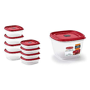 Rubbermaid 16-Piece Food Storage Containers with Lids and Steam Vents, Microwave and Dishwasher Safe, Red & Easy Find Lids 7-Cup Food Storage and Organization Container, Racer Red