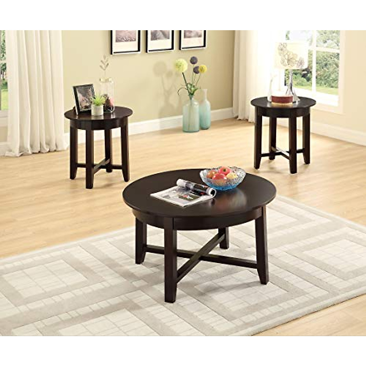 GTU Furntiure 3Pc Round Dark Brown Cocktail Living Room Coffee & End Table Set