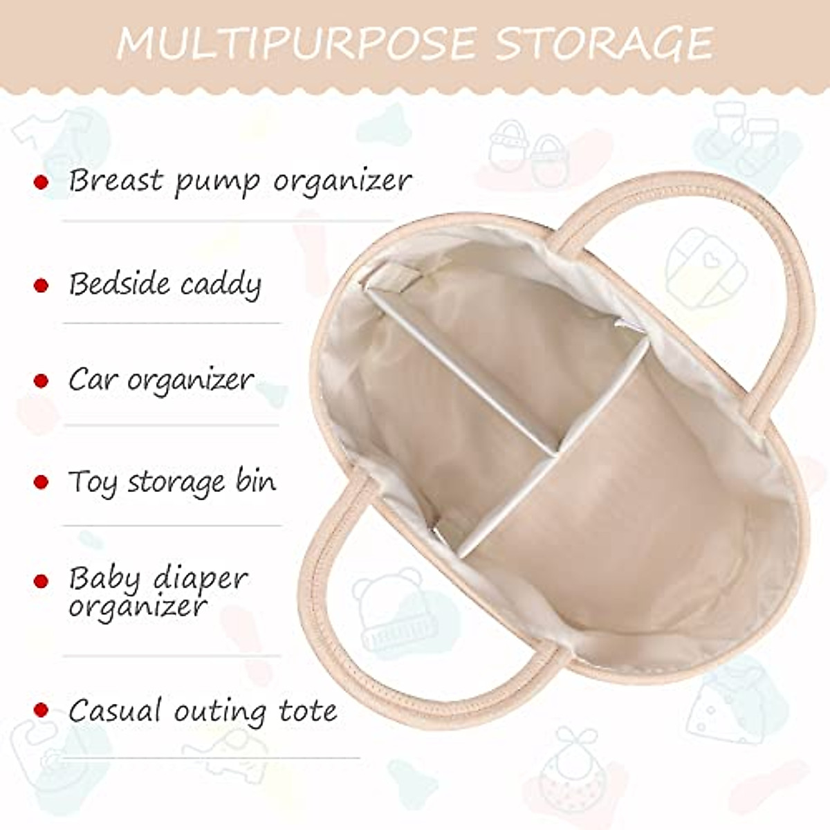 COMSE Baby Diaper Caddy Organizer, Rope Diaper Basket, Baby Car Organizer, Diaper Change Organizer, Portable Tote Bag with Divider, Baby Shower Gifts Newborn Essentials Registry Must Have, Beige