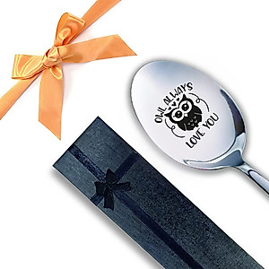 TyM Owl always love you Engraved Stainless Steel spoon for coffee tea cereal ice cream - Engraved gift for him/her - 7 inch Sturdy handle and food safe engraving