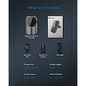 Magnetic Wireless Charger with QC3.O car Adapter WAITIEE Car Charger Mount for iPhone 14/13/12 Series with Air Vent Phone Holder 360° Adjustable Fast Car Charging