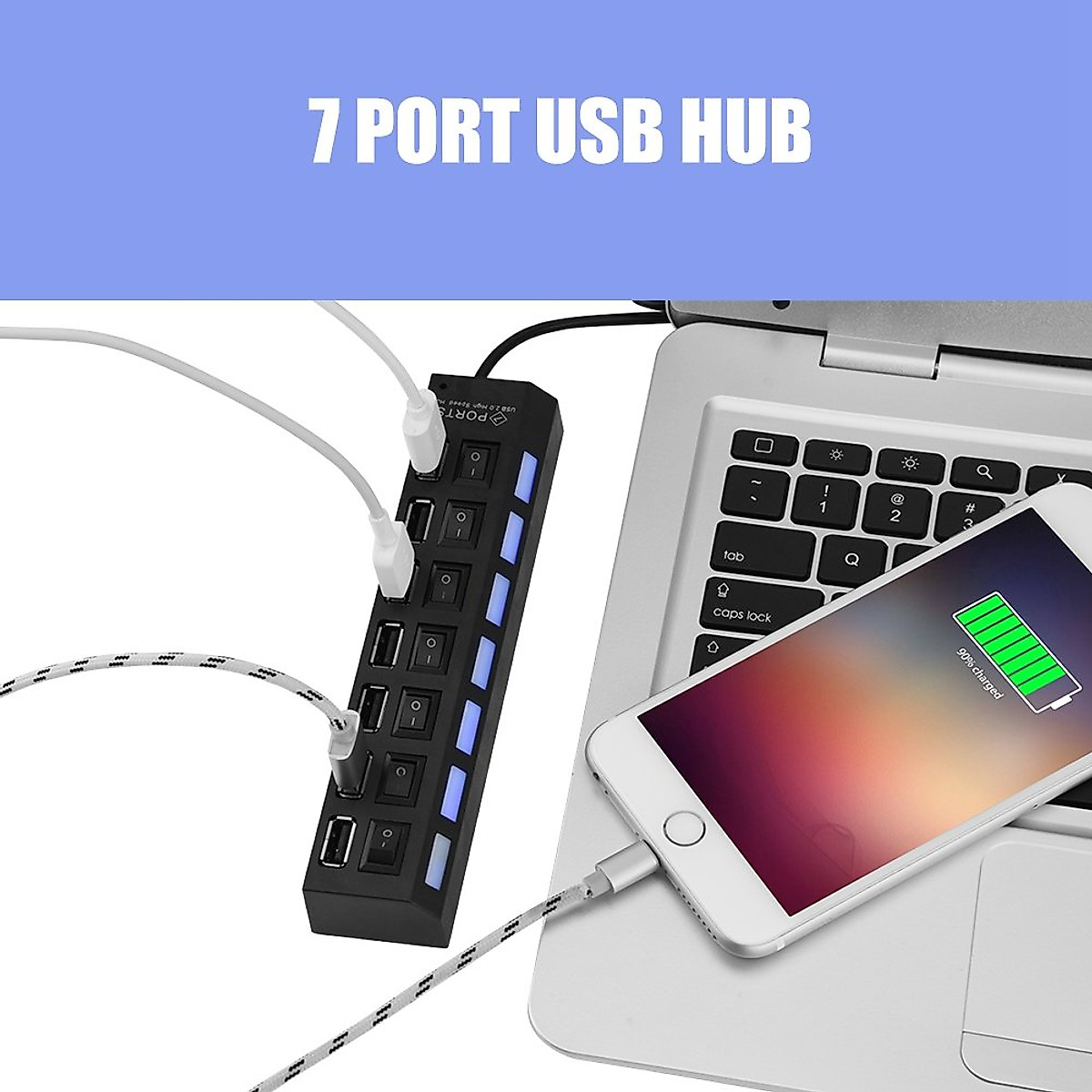 7 Port USB Hub, 480Mbps USB2.0 Hubs with Independent Switch 7 Port Socket USB Splitter Converter No Conflict Plug and Play USB Data Hub Splitter For Mobile Phone, Tablet Pc, Keyboard, Mouse