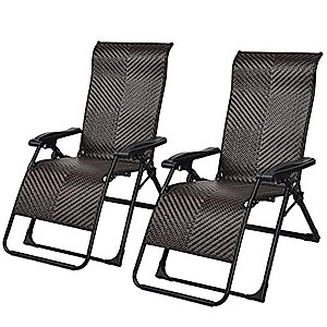Tangkula 2 PCS Rattan Zero Gravity Chair, Outdoor Adjustable Folding Lounge Chair with Widened Armrest & Locking System, Heavy Duty Wicker Chaise Folding Recliner for Pool, Patio, Beach, Yard (2)
