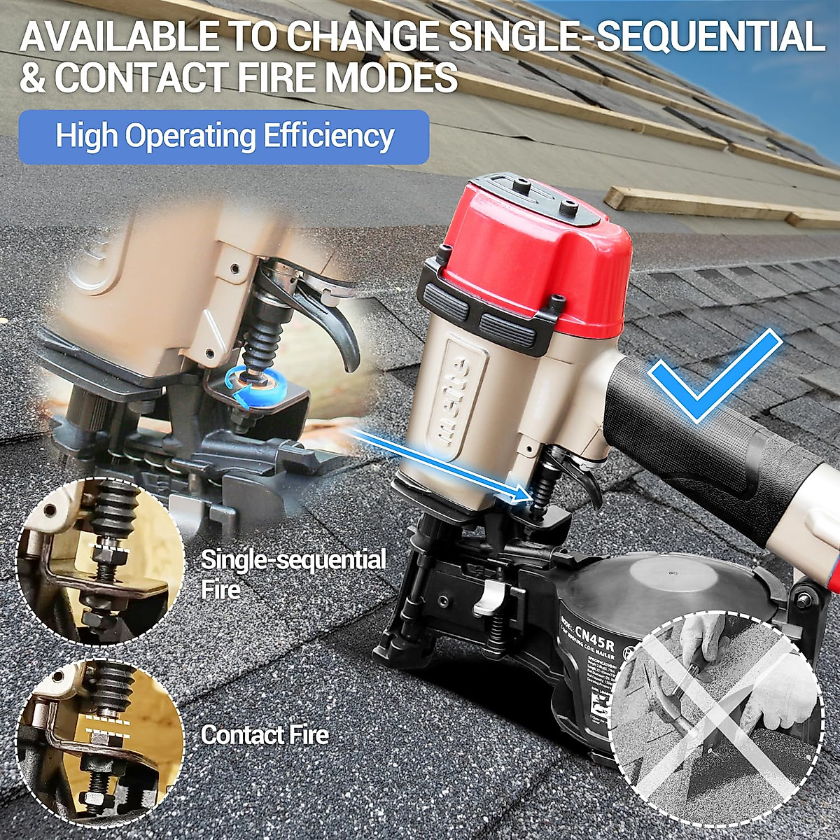 meite Roofing Nailer, Pneumatic Coil Roofing Nail Gun, Compatible with 15 Degree 7/8" to 1-3/4" Coil Roofing Nails, Lightweight Roofing Tools with Adjustable Nail Depth, Safety Switch (CN45R)