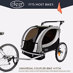 ClevrPlus Deluxe 3-in-1 Double 2 Seat Bicycle Bike Trailer Jogger Stroller for Kids Children | Foldable w/Pivot Front Wheel, Grey
