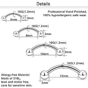 Dyknasz 8Pcs 16G Eyebrow Piercing Jewelry Stainless Steel Vertical Labret Lip Jewelry Curved Barbell Rook Piercing Jewelry Belly Button Ring for Women Men