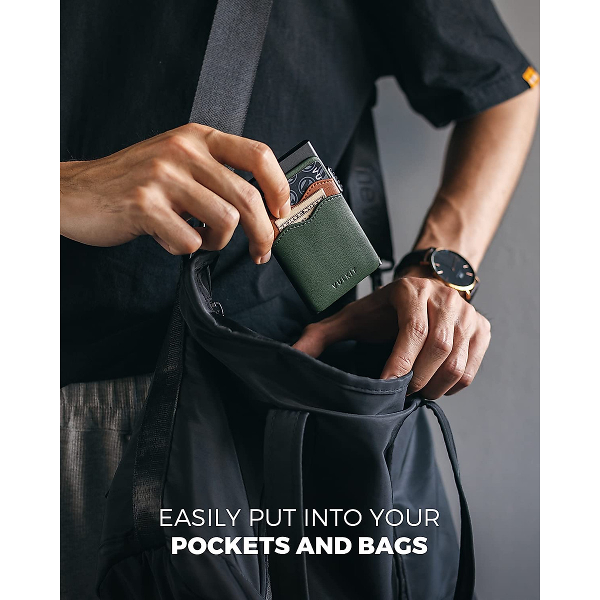 VULKIT Credit Card Holder Minimalist Slim Pop Up Wallet with Leather Slots RFID Blocking for Men and Women Holds 7 Cards and Notes Green