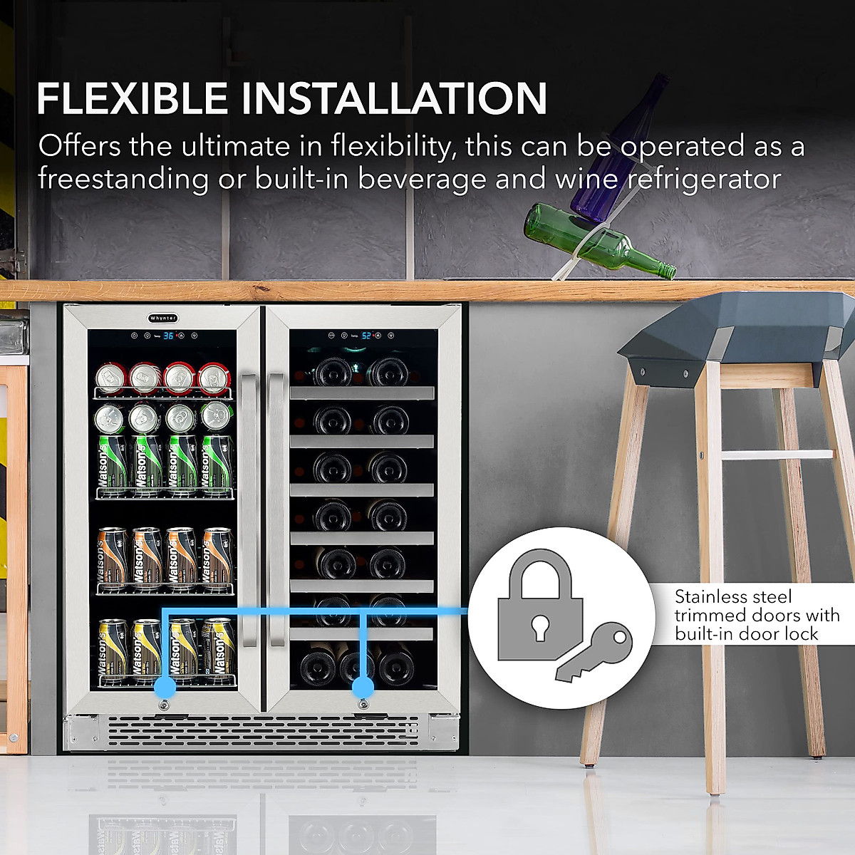 Whynter BWB-3388FDS 30″ Built-in French Door 33 Bottle Wine Refrigerator, 24" Wide Dual Zone, Stainless Steel