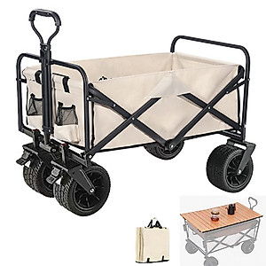 Collapsible Folding Wagon with 150L Capacity, Heavy Duty Foldable Utility Garden Cart with Big All-Terrain Beach Wheelsand Drink Holders.White
