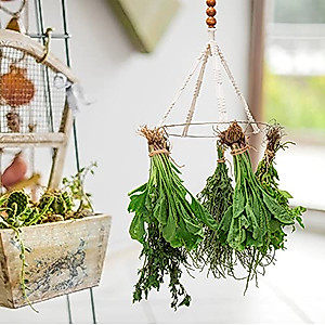 2 Pcs Hanging Drying Rack for Herbs - Macrame Mobile Flower Drying Hanger with 20 Herb Dryer Hooks, Boho Handcrafted Cotton Rope Chic Woven Herbal Drier with Wooden Hanging Ring for Hydroponic Plants