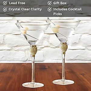 Sister.ly Drinkware, Rhinestone Studded Bling Martini Glasses Set of 2 with Gold Rim, 10 oz. Cocktail Glasses and Silver-Plated Cocktail Picks